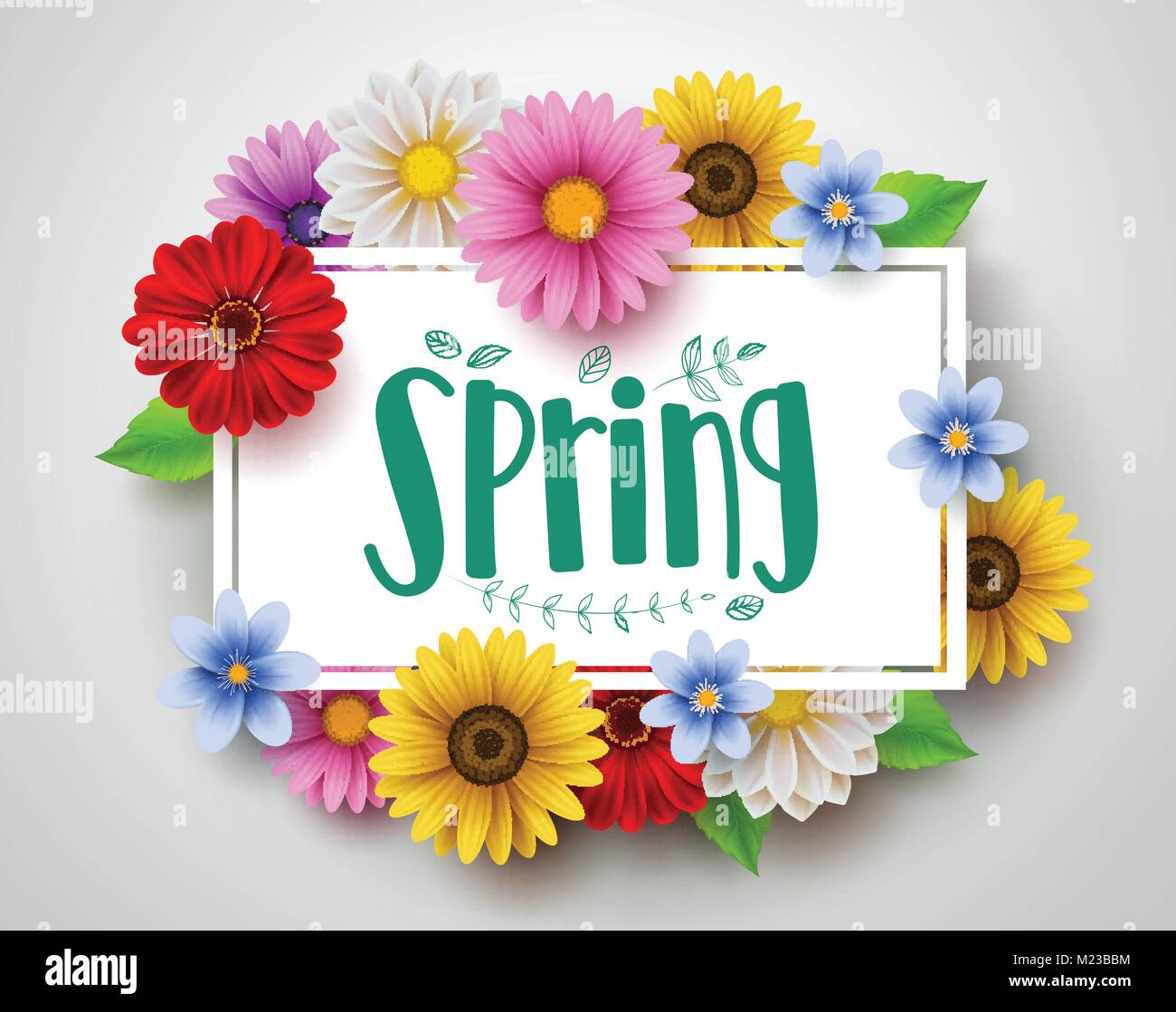 Spring vector template design with spring text in white empty frame and ...