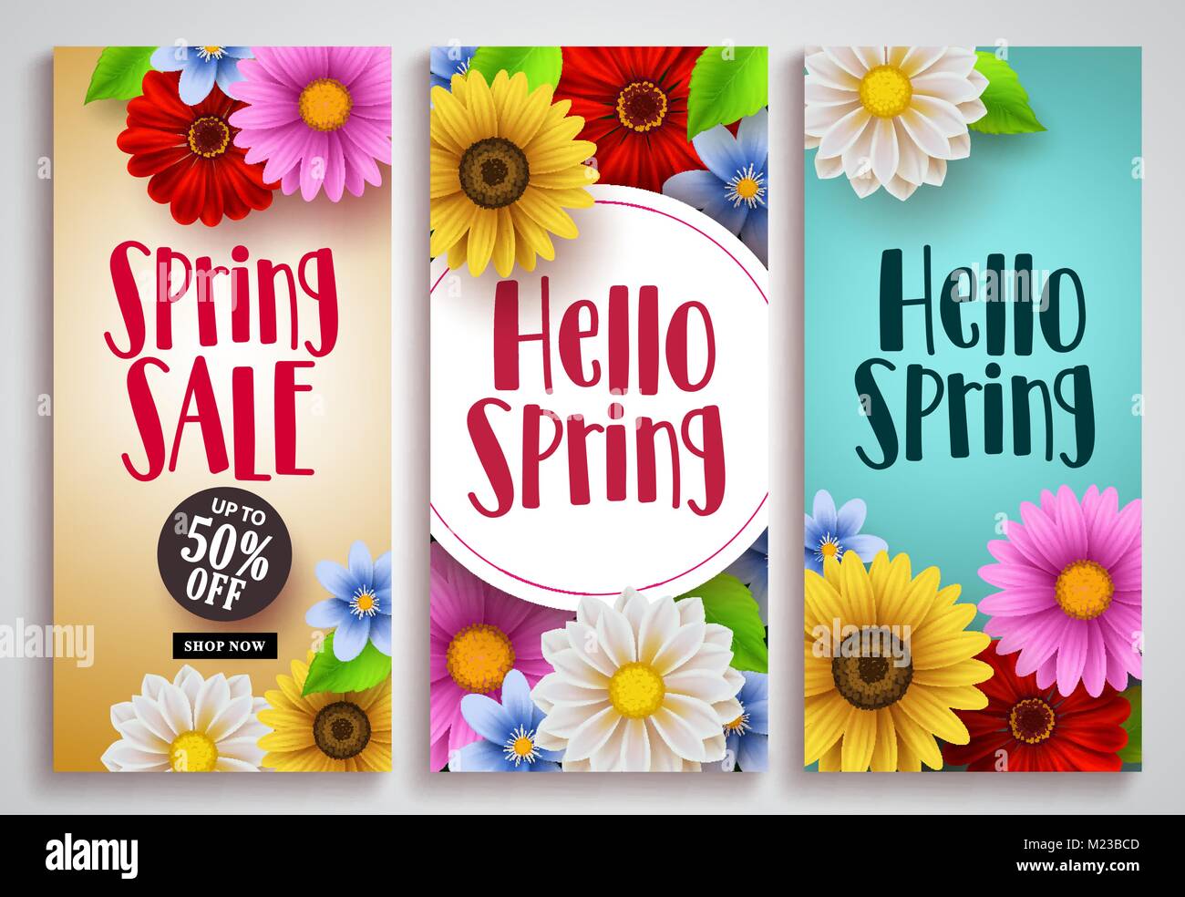 Spring sale and hello spring vector poster set designs with colorful ...