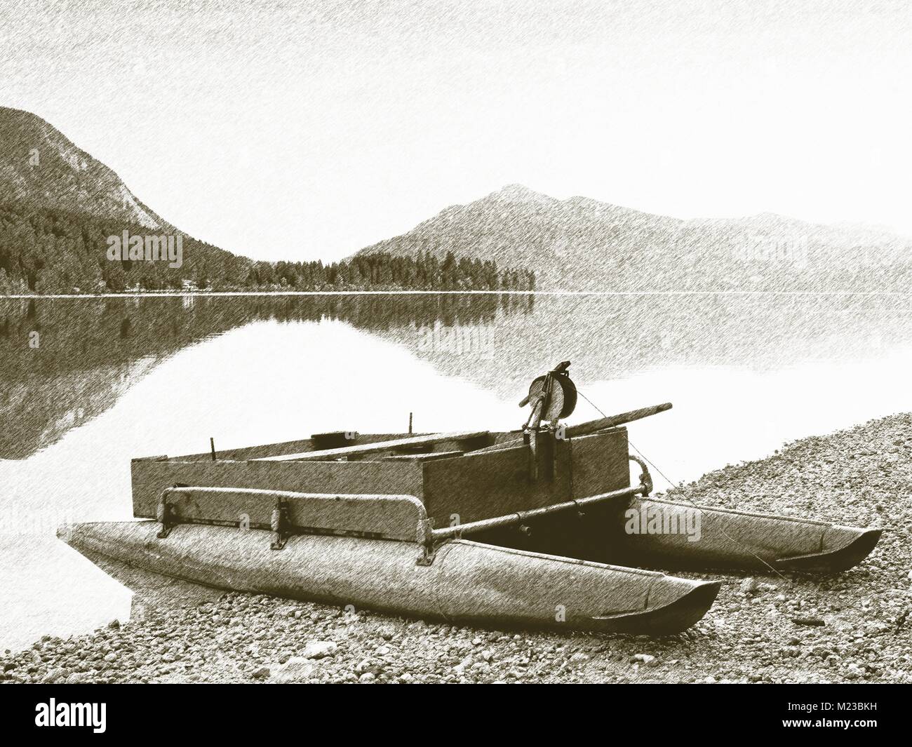 Copy of old lithographic technique. Abandoned old boat stuck on sand of ...