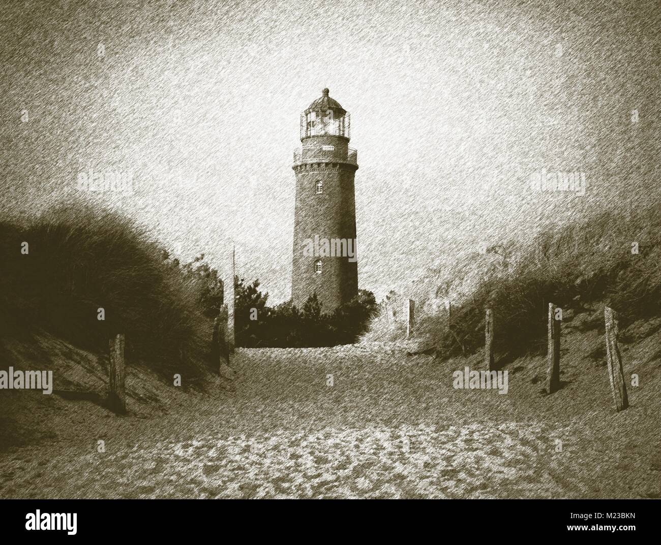 Copy of old lithographic technique. Historical lighthouse on island ...