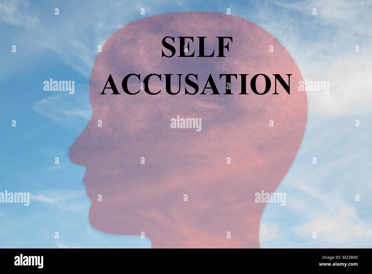 Render illustration of SELF ACCUSATION title on head silhouette, with ...