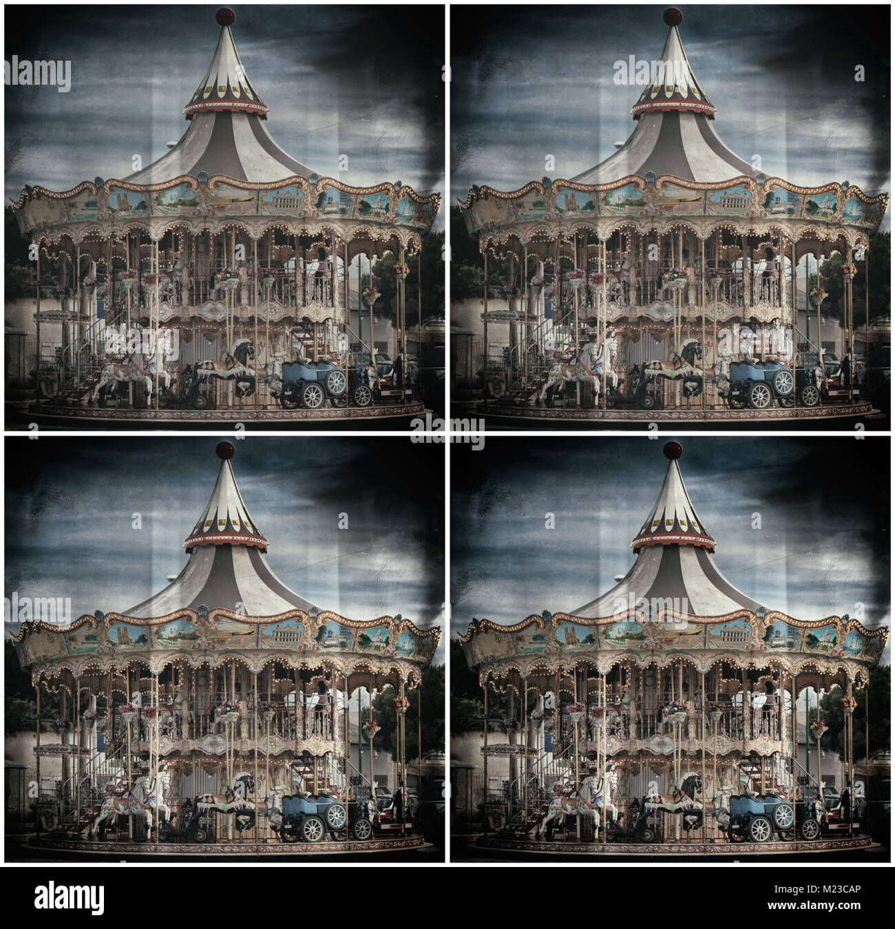 illuminated carousel with horses in multi lens retro style Stock Photo ...