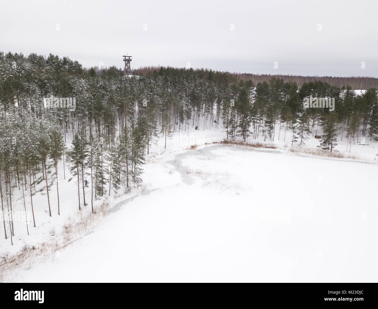 Aerial view of a watch tower on a snowy winter day. Tartu, Estonia ...
