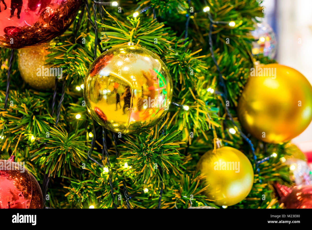 Close up of Beautiful decorated christmas tree. Holiday background ...