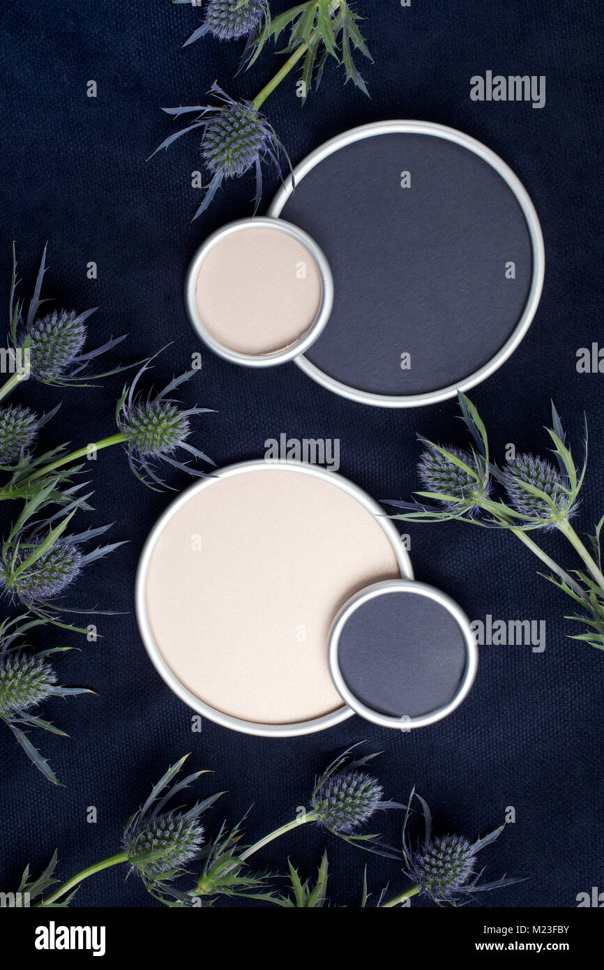 Flowers with a place for designer's text on the naive blue fabric ...