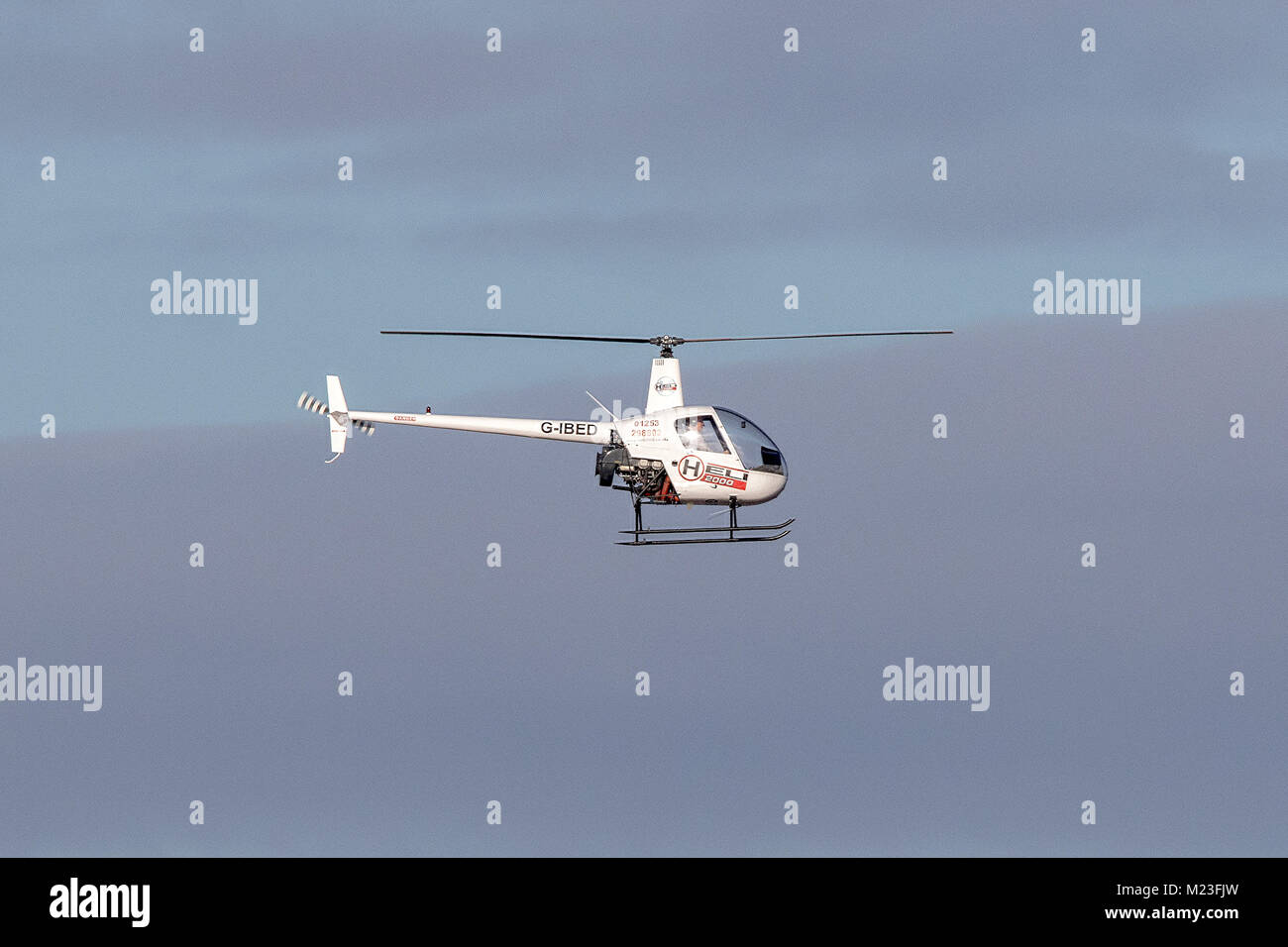 A Robinson R-22 Beta II, 2 seater piston powered helicopter landing on ...