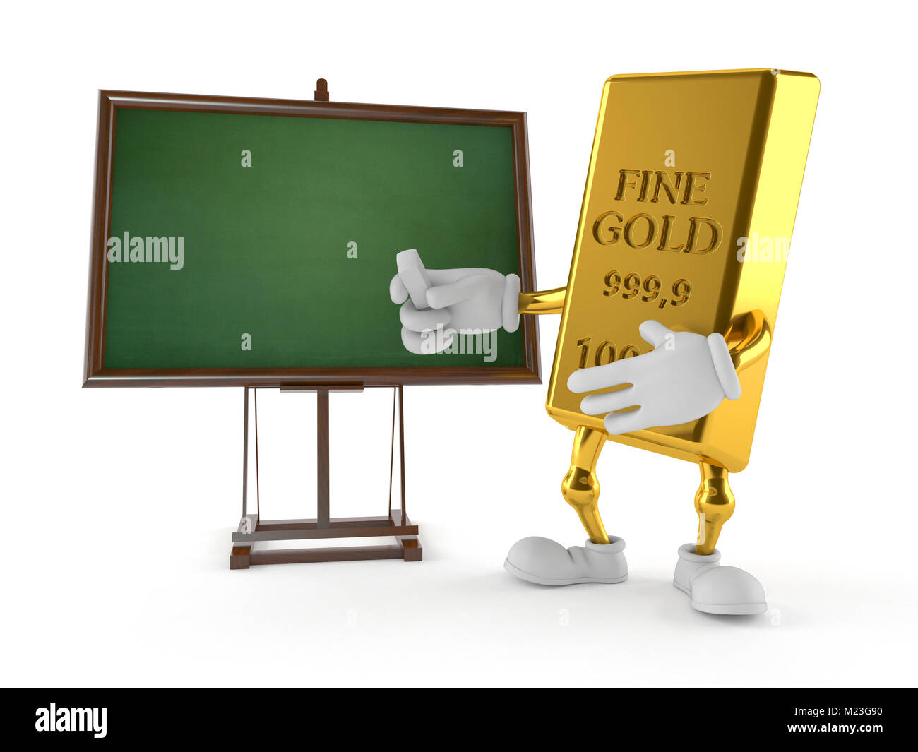 Gold character with blank blackboard isolated on white background Stock ...
