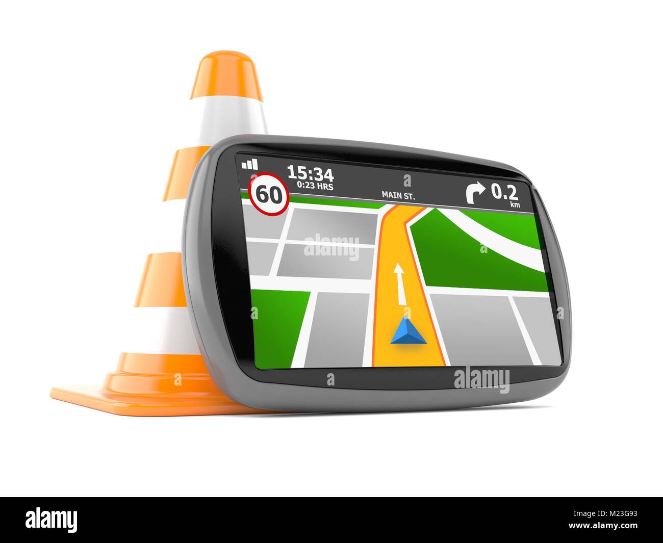 GPS navigator with traffic cone isolated on white background Stock ...