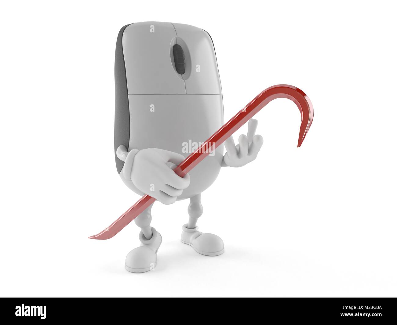 Computer mouse character holding crowbar isolated on white background ...