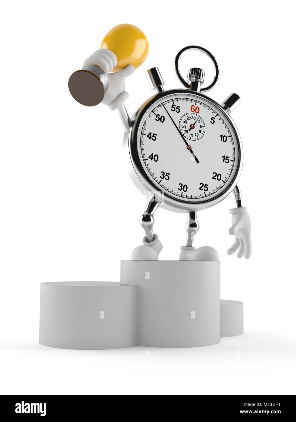 Stopwatch character holding golden trophy isolated on white background ...
