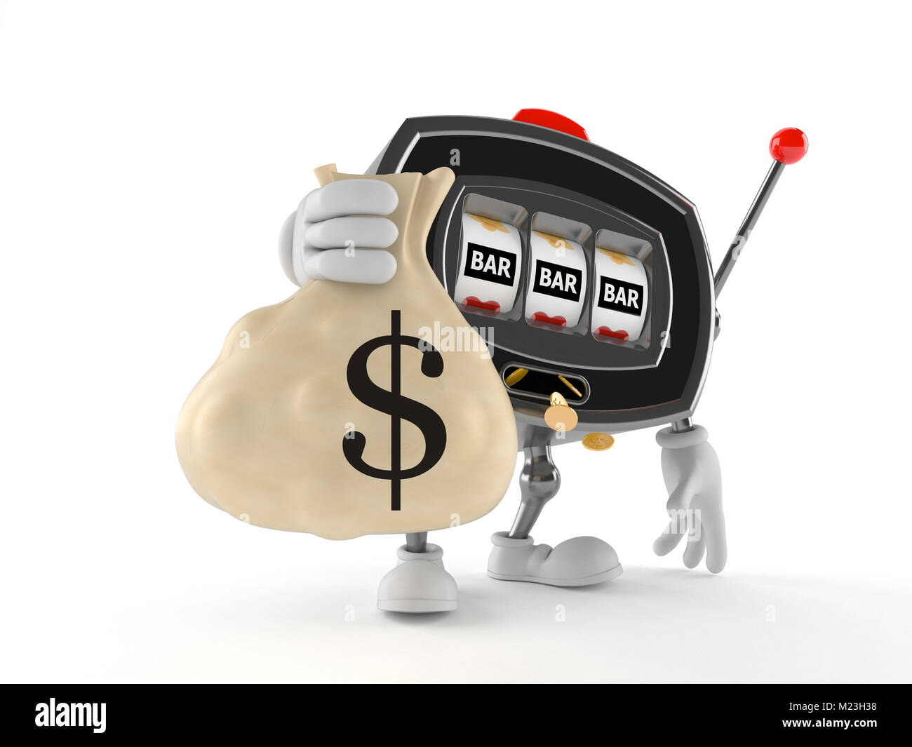 Slot machine character holding money bag isolated on white background ...