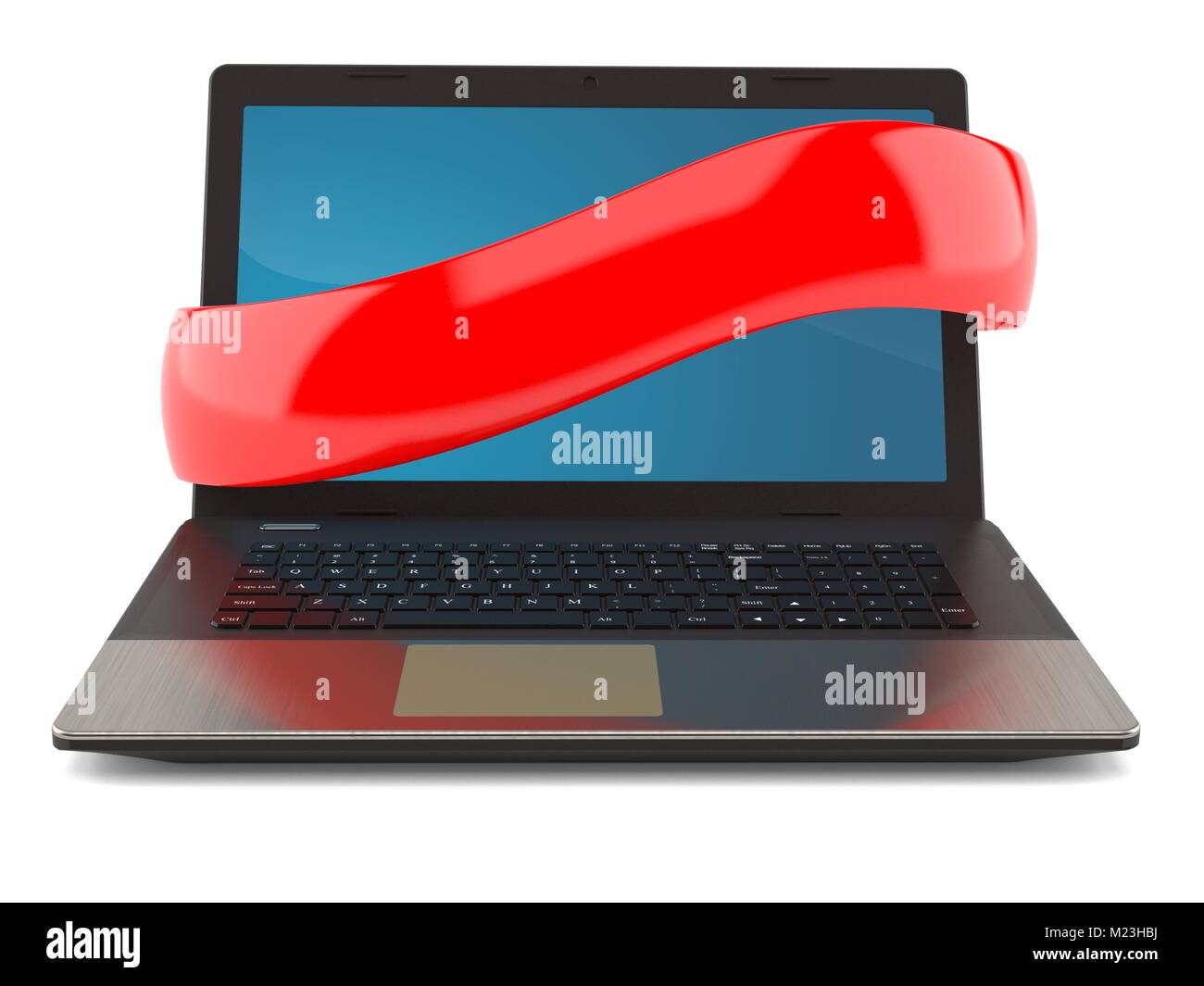 Laptop with red blank ribbon isolated on white background Stock Photo ...