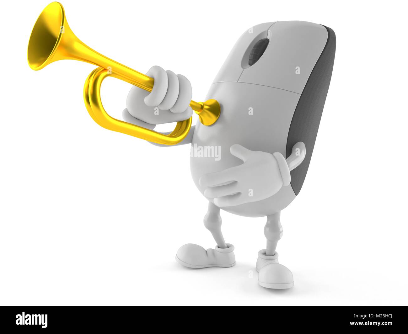 Computer mouse character playing the trumpet isolated on white ...