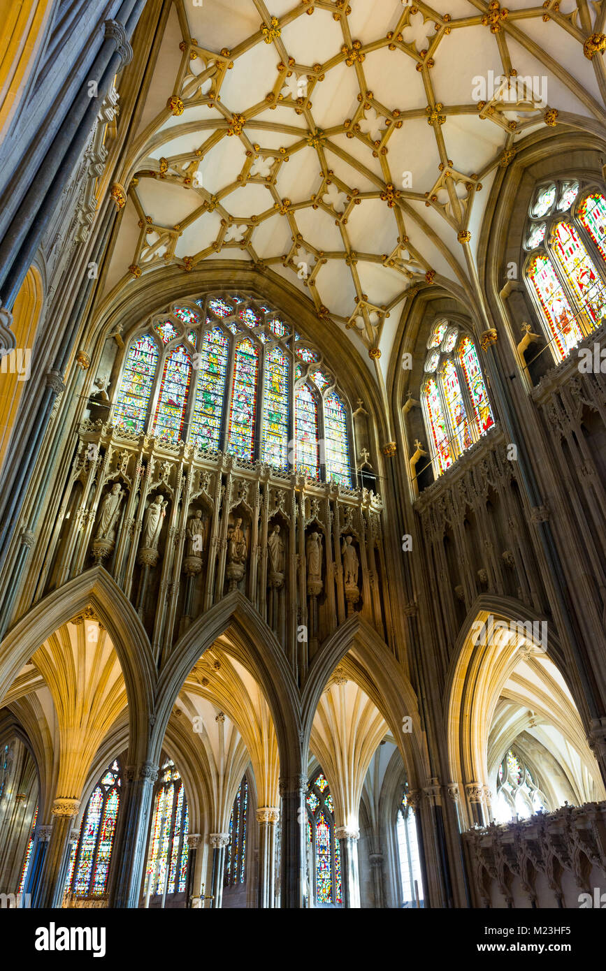 Stained glass windows and high ceiling inside the nave of 12th century ...