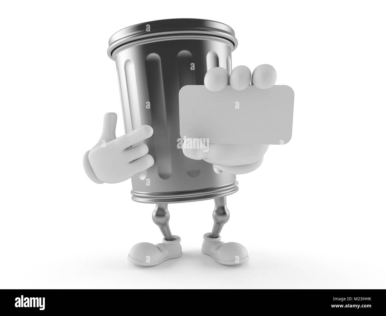 Trash can character holding blank business card isolated on white ...