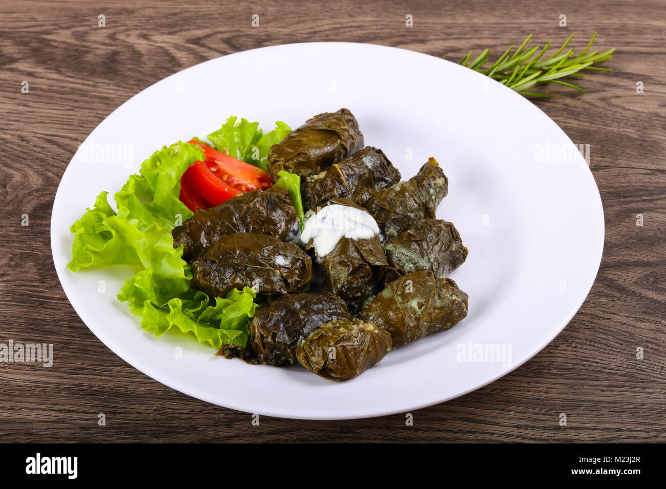 Dolma - stuffed meat in grape leaves with cream sauce Stock Photo - Alamy