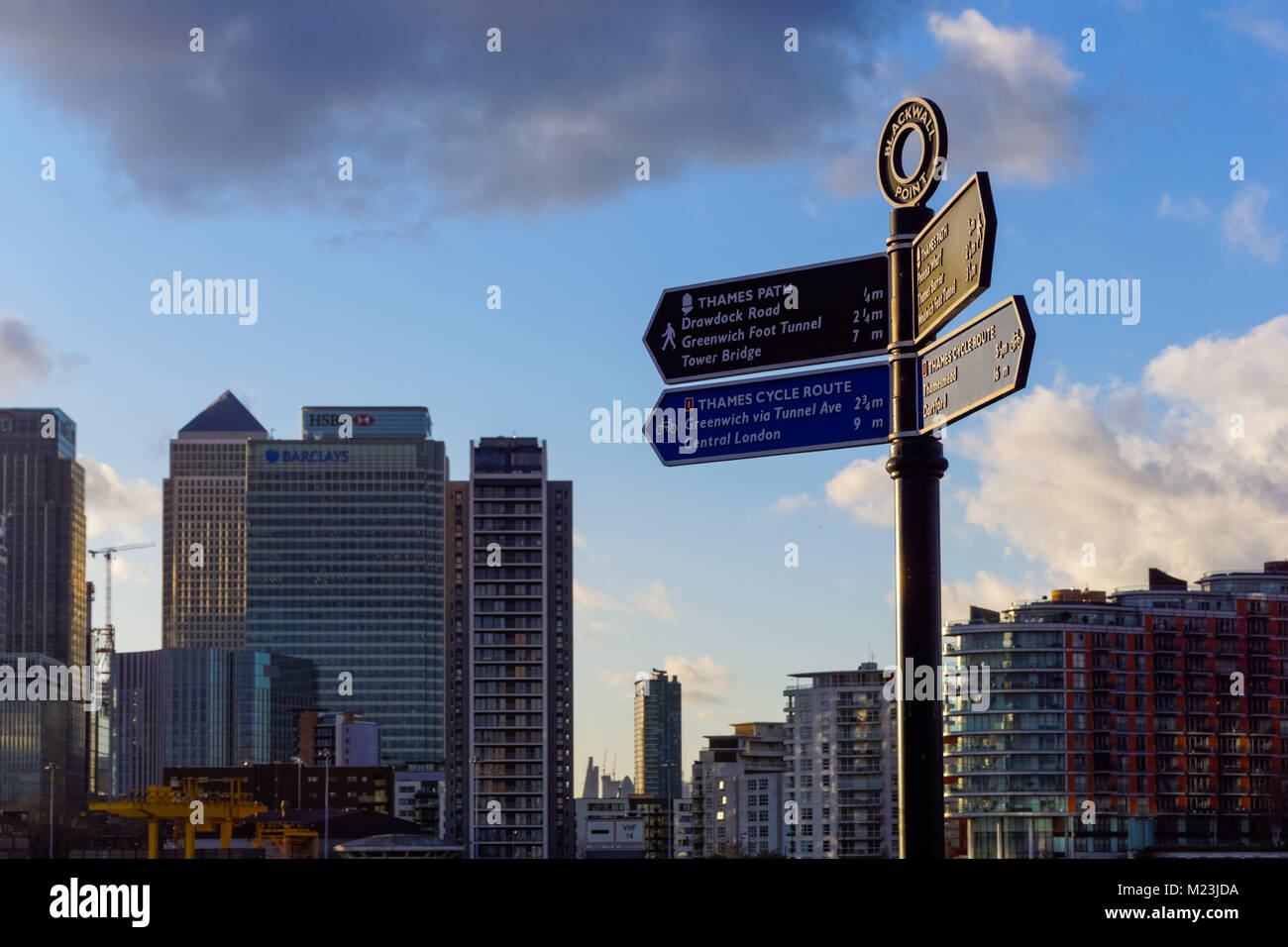 Thames path signpost in North Greenwich, London England United Kingdom ...