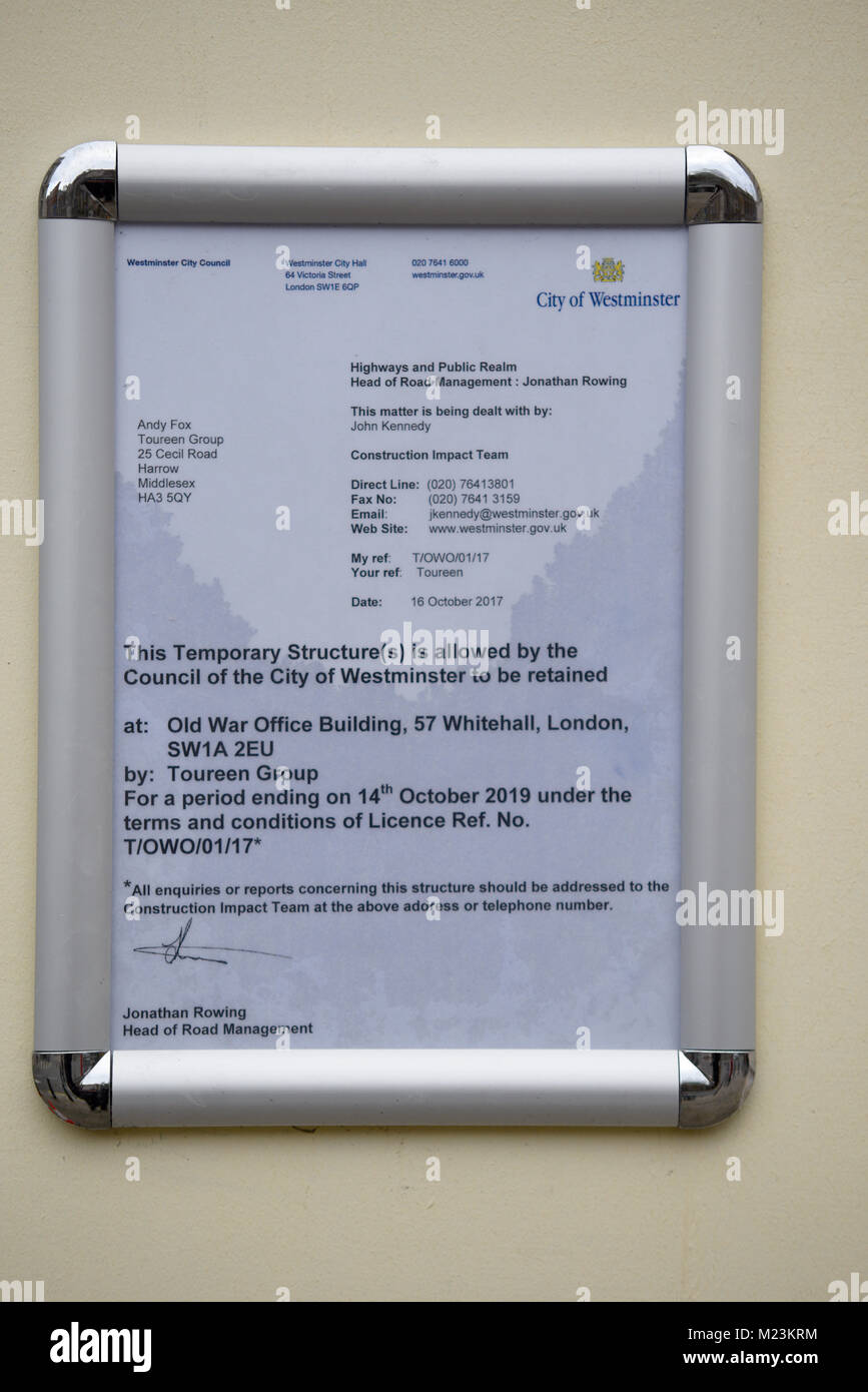 Temporary structure notice for construction work on Old War Office ...