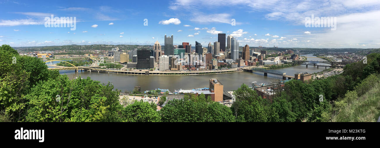 A beautiful blue sky clear day over the downtown city skyline in ...
