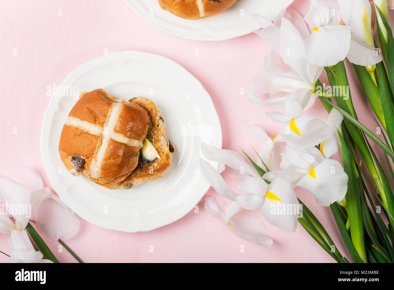 Easter Breakfast with Hot Cross Bun and Butter. Top View, Pastel Pink ...