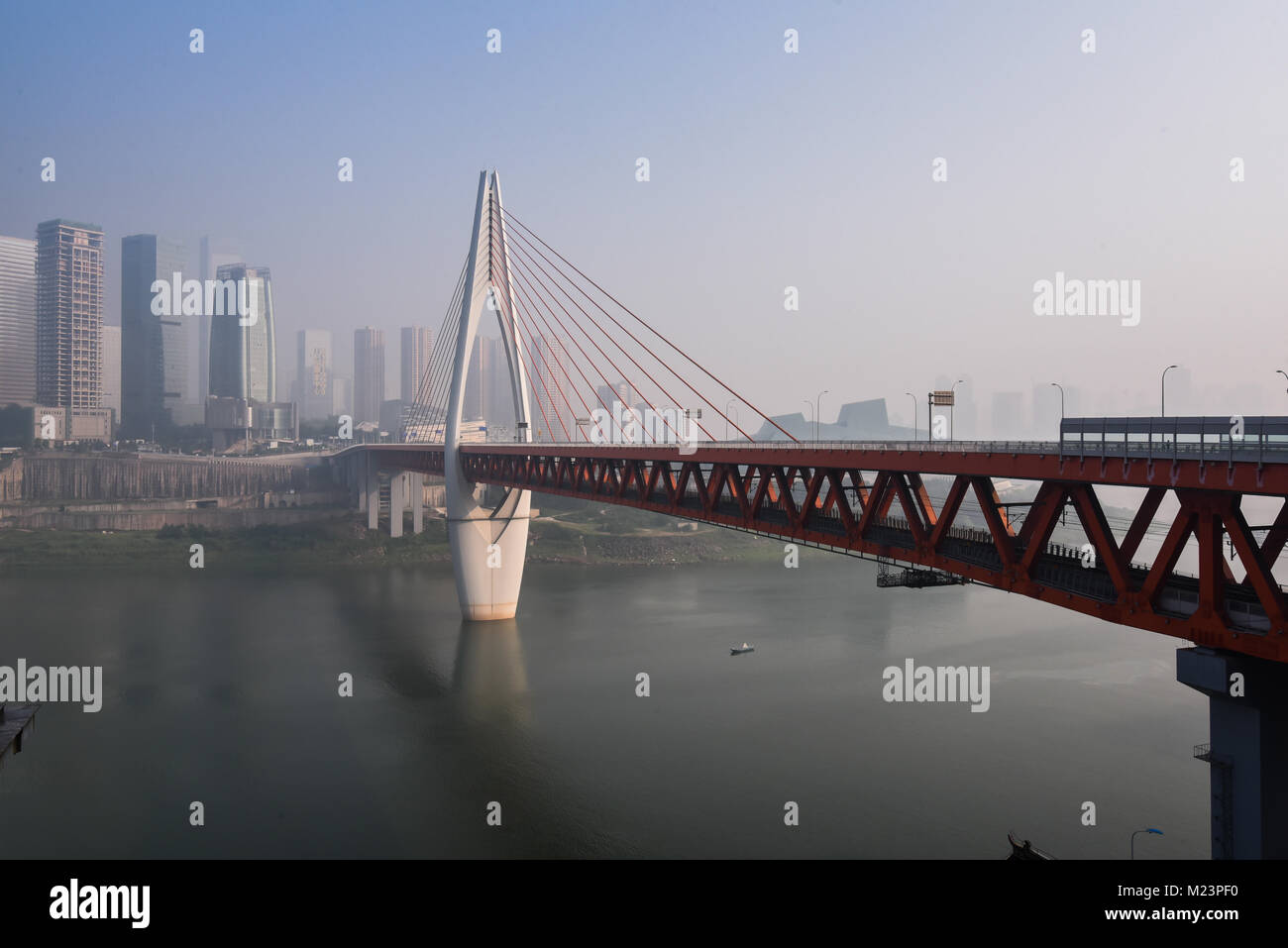 The skyline Qianximen Bridge over the Jialing river, Chongqing is ...