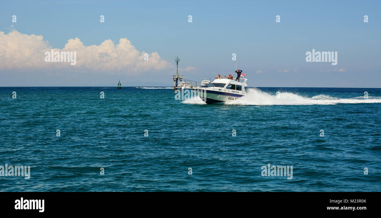 Lombok, Indonesia - Apr 19, 2016. A speedboat running on sea in Lombok ...