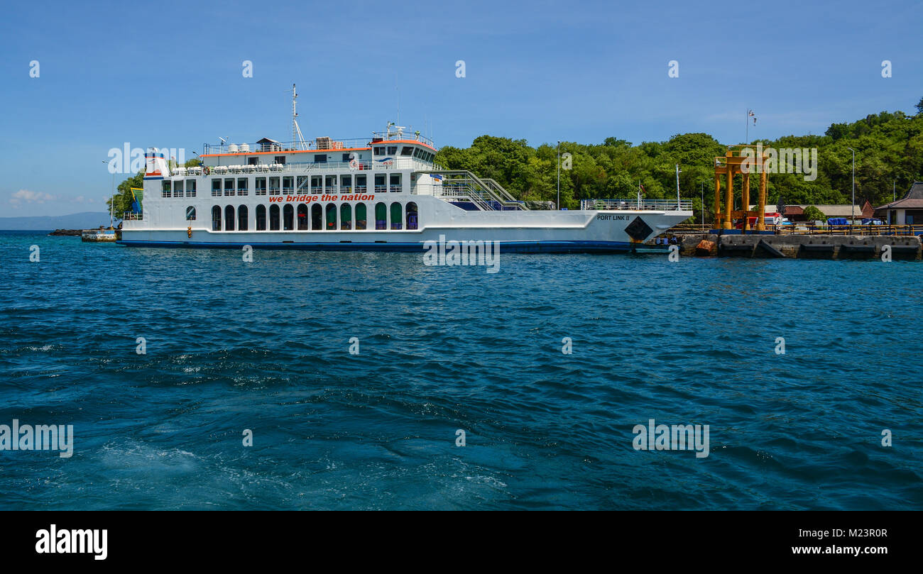 Lombok, Indonesia - Apr 19, 2016. A big ferry docking at jetty in ...