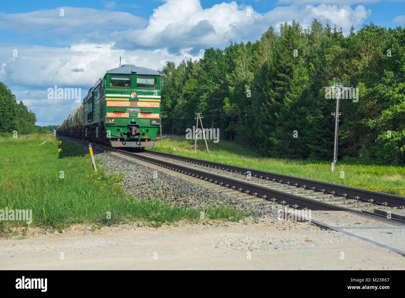 Railway with train in Kraslava, Latvia. Freight train. 2016 Stock Photo ...