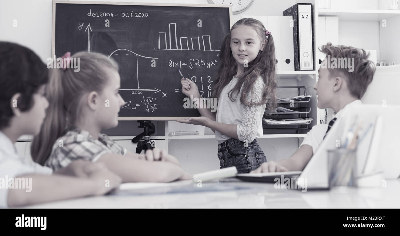 Girl discussing about mathematical formulas with friends in classroom ...