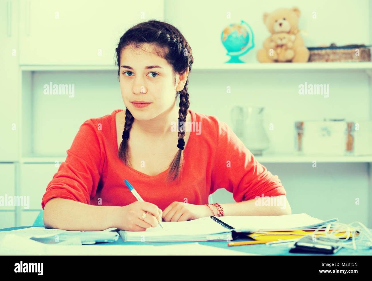 Young female student studying productively alone at home Stock Photo ...