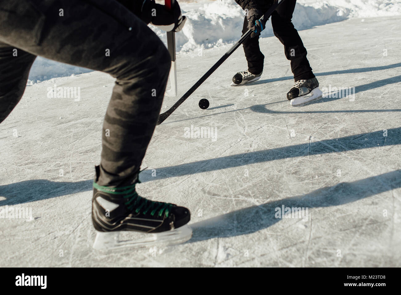 Cropped image of two men battling for a puck in face off Stock Photo ...