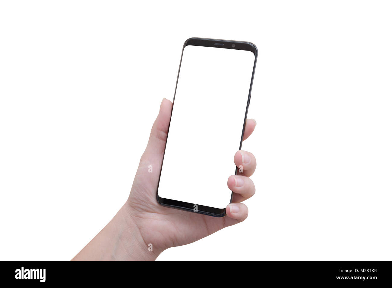 Isolated modern smart phone with round edges in woman hand. Isometric ...