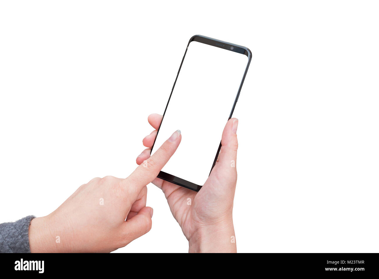 Isolated hands and smart phone with round edges. Smart phone mockup ...