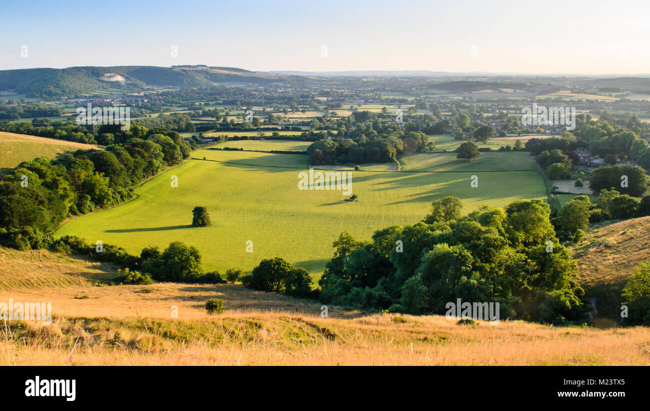 Rolling chalk hills rise over agricultural fields and pasture in North ...