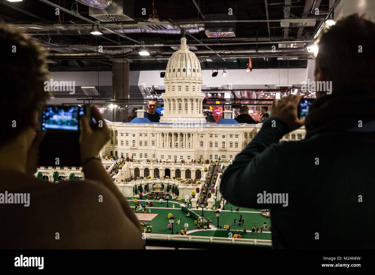 Warsaw, Poland. 4th Feb, 2018. Visitors take photos of LEGO U.S ...