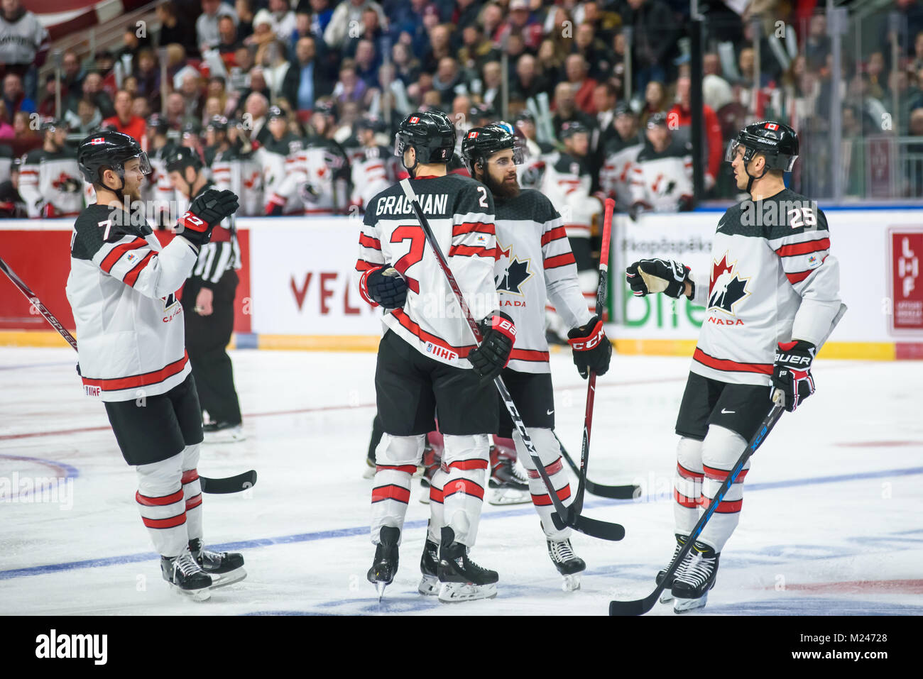 Riga, Latvia. 4th Feb, 2018.. Team Canada celebrates first goal, during ...