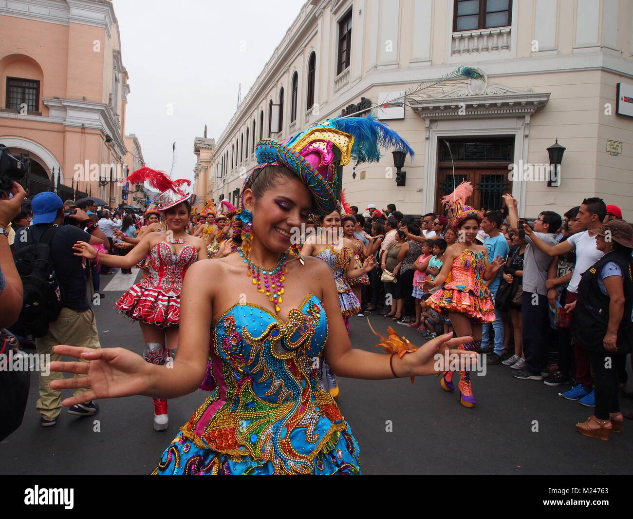 Peruvian female dancers take part in the Virgin of Candelaria festival ...