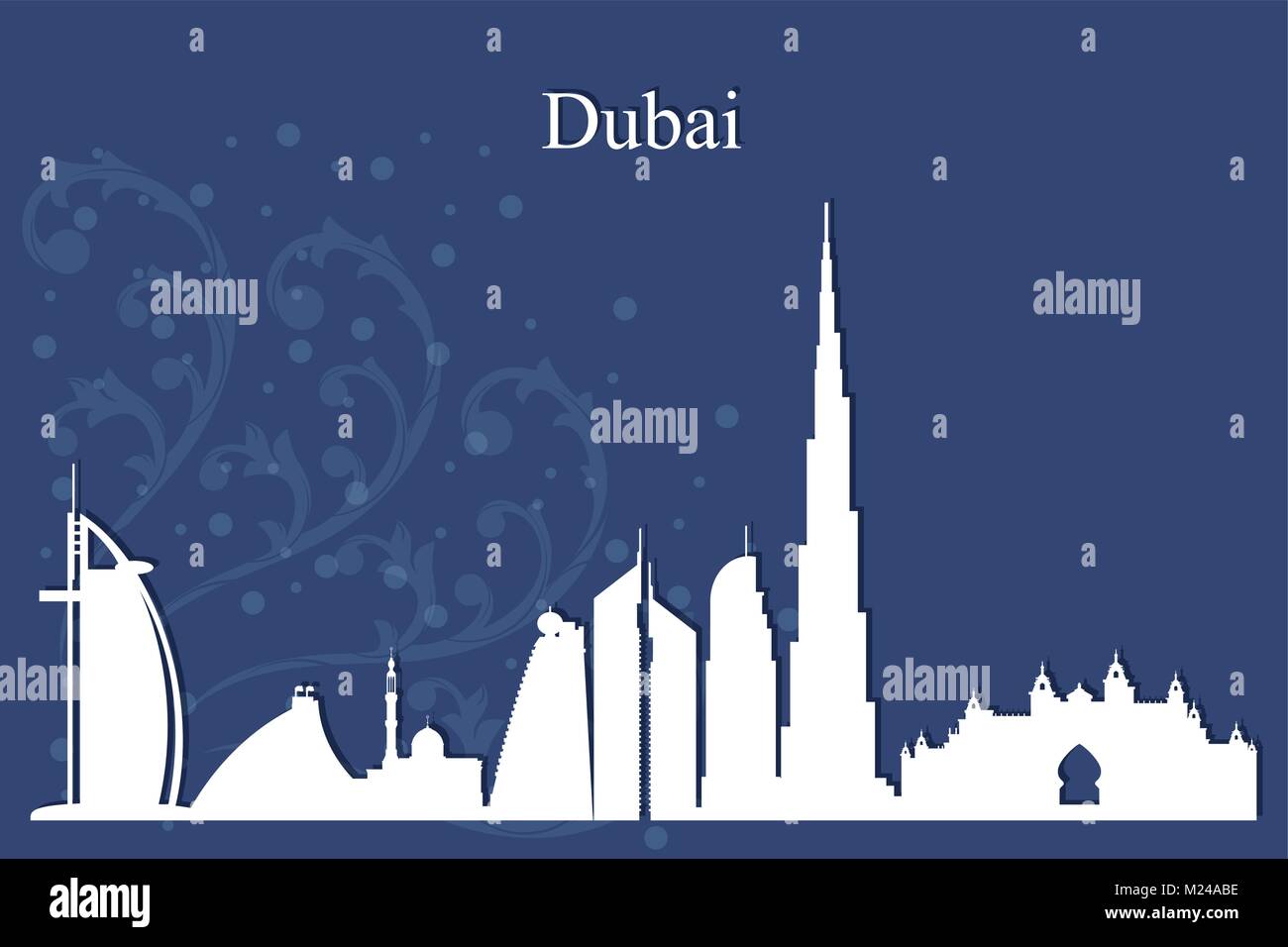Dubai city skyline silhouetteon blue background, vector illustration ...