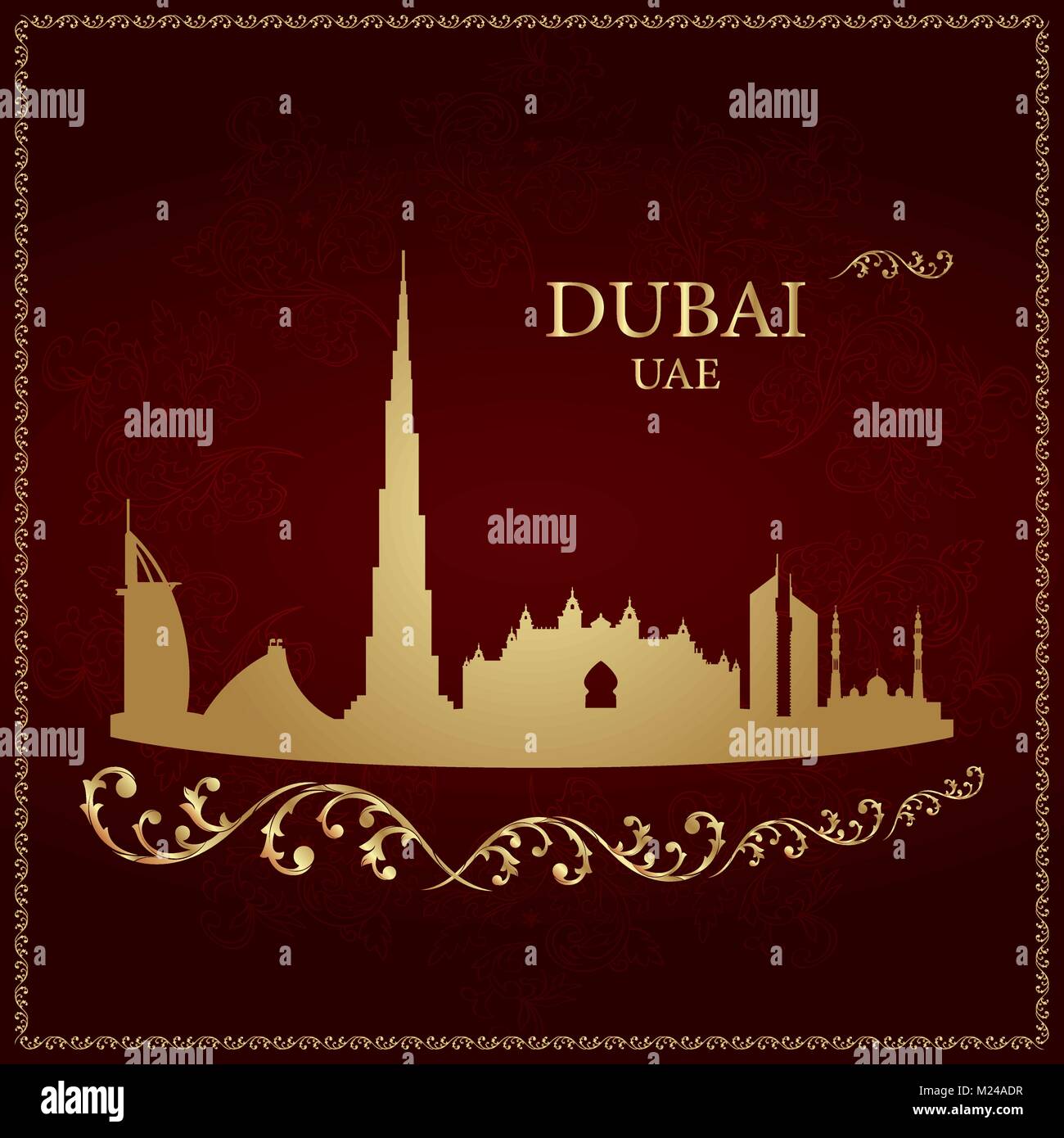 Dubai skyline silhouette on vintage background, vector illustration ...