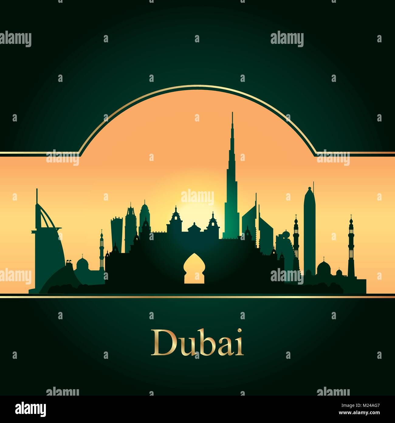 Dubai skyline silhouette on sunset background, vector illustration ...