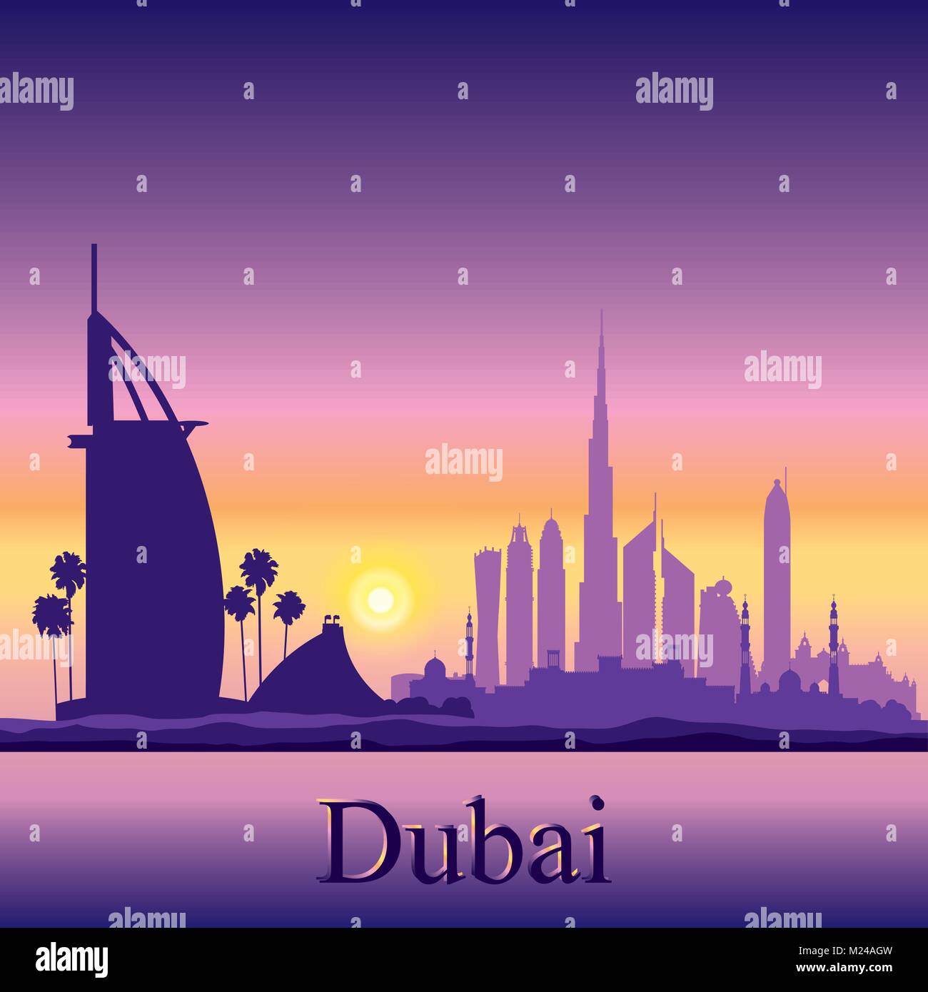 Dubai skyline silhouette on sunset background, vector illustration ...
