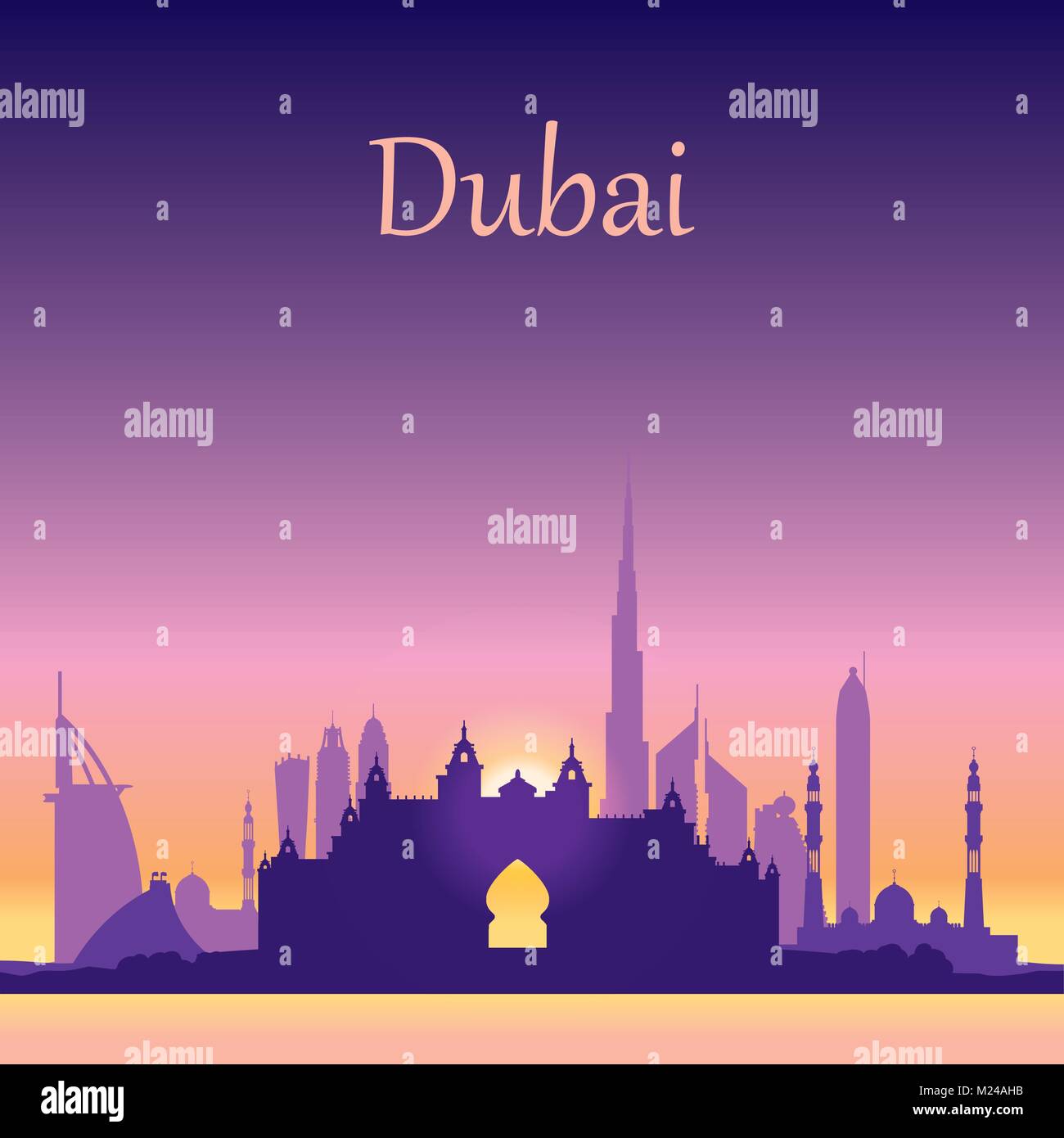 Dubai skyline silhouette on sunset background, vector illustration ...