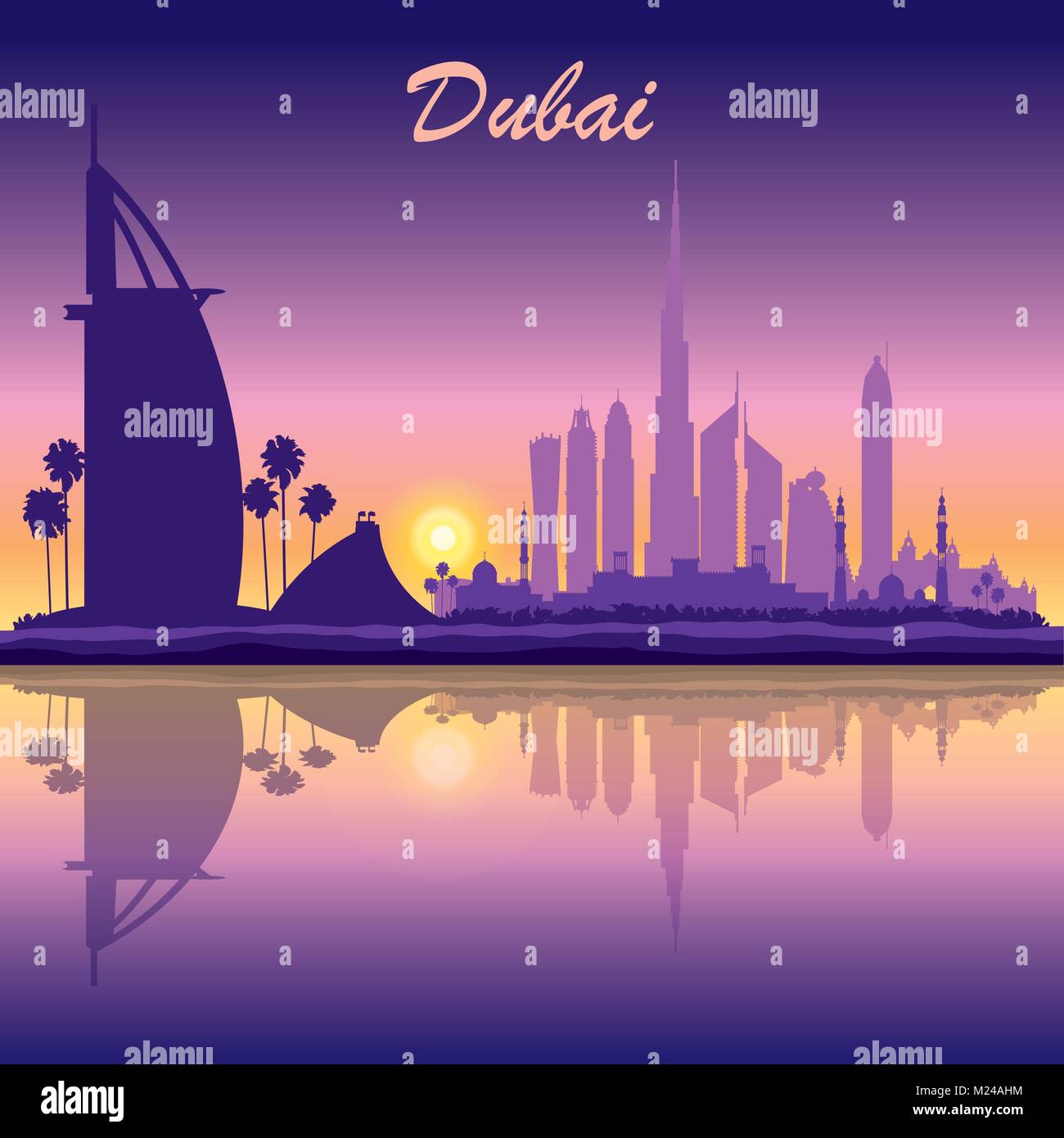 Dubai skyline silhouette on sunset background, vector illustration ...