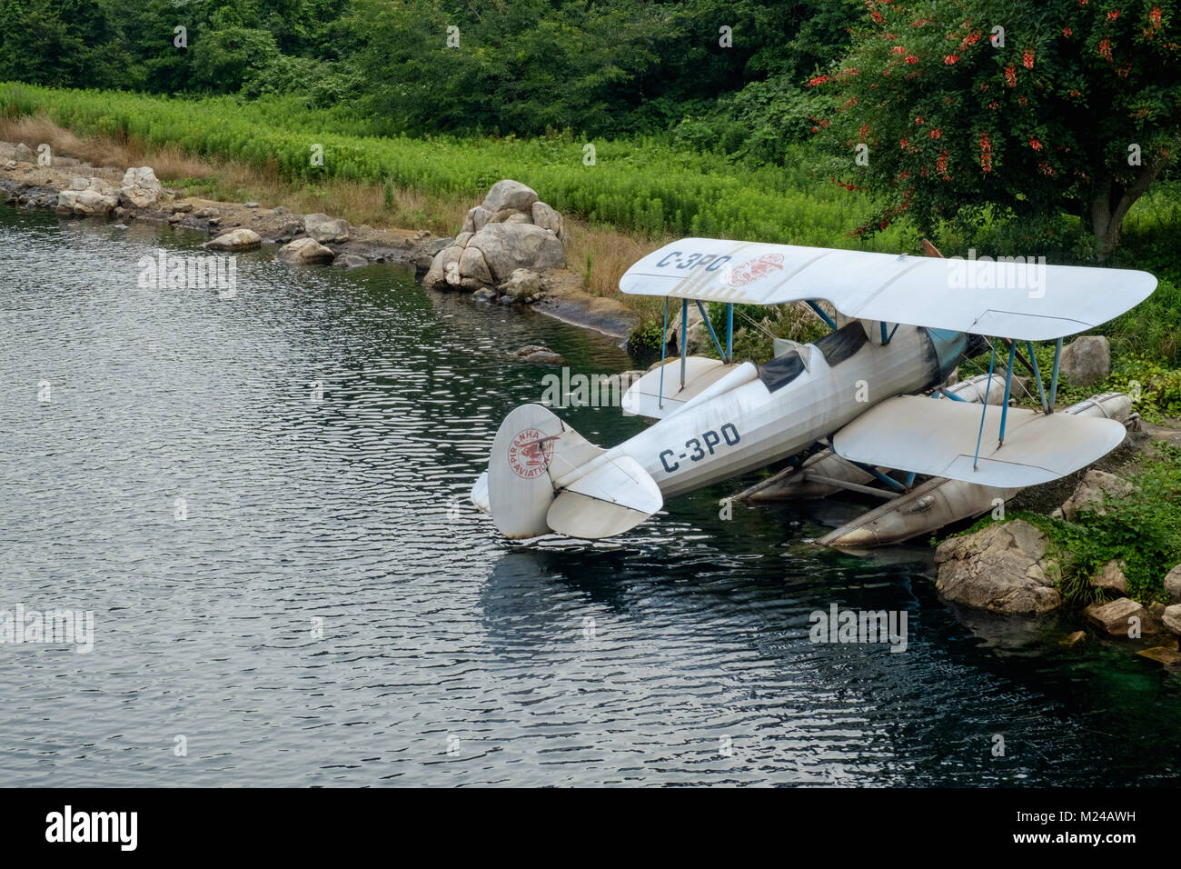 Old sea plane crashed into the rocks on the bank of the river.Trees and ...