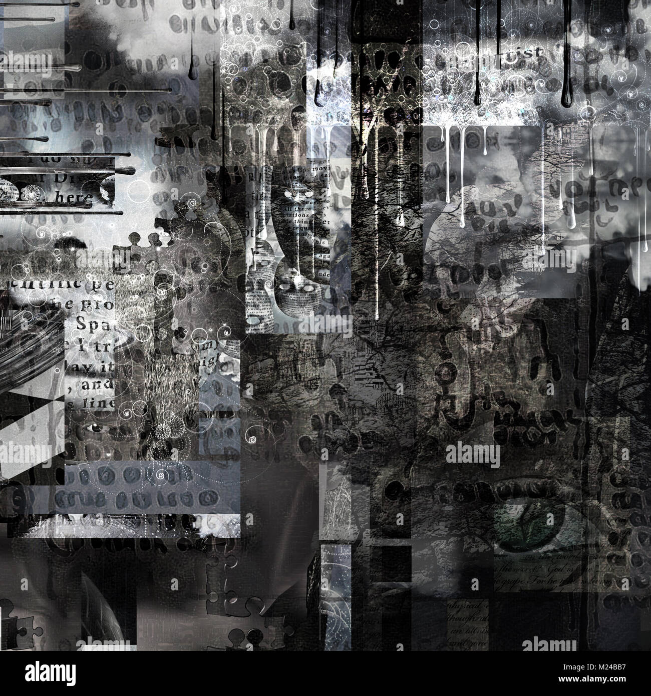 Abstract painting. Masks and eye. Symbols and text on a background. 3D ...