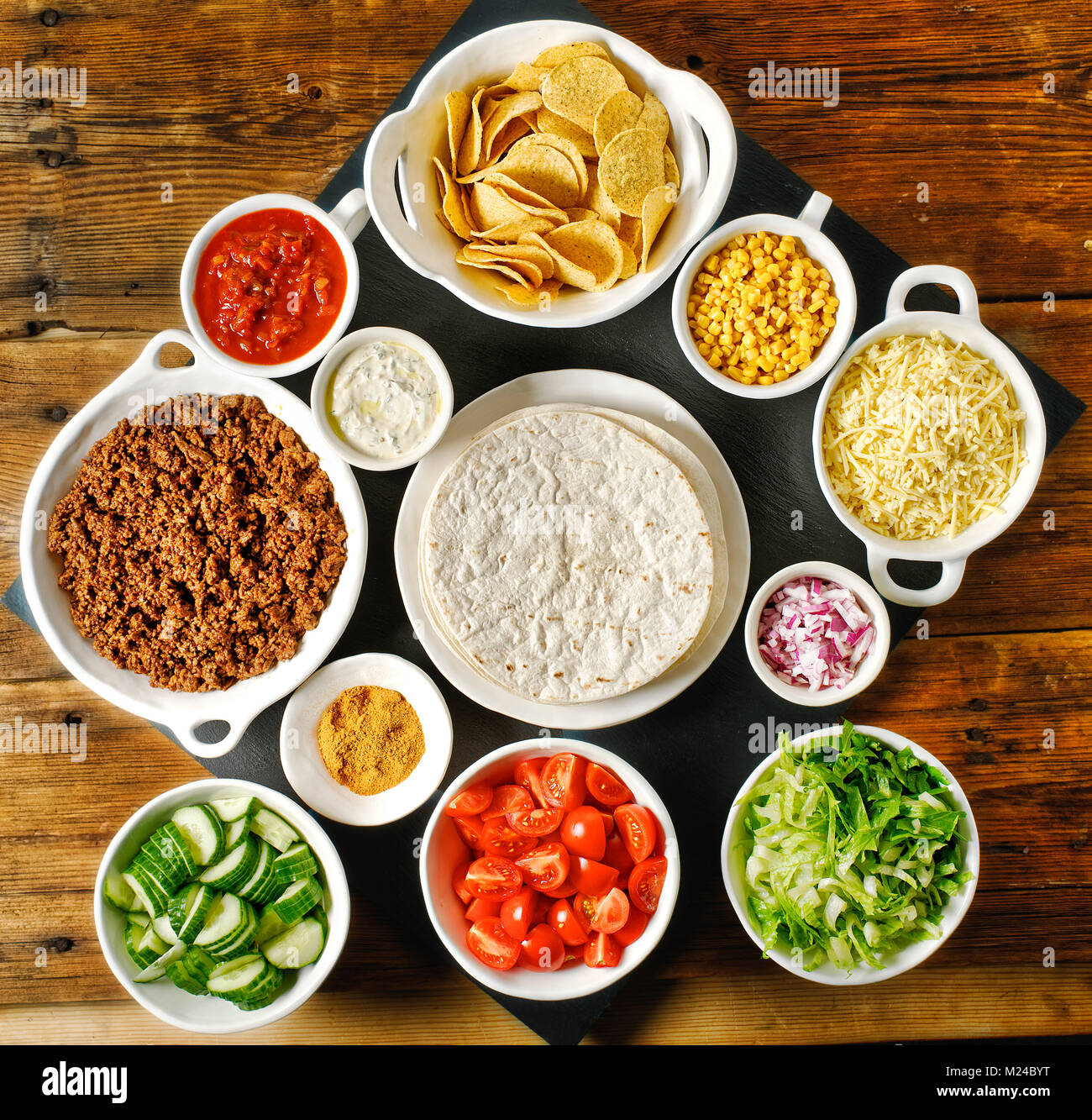 A Texmex buffet photographed from above Stock Photo - Alamy