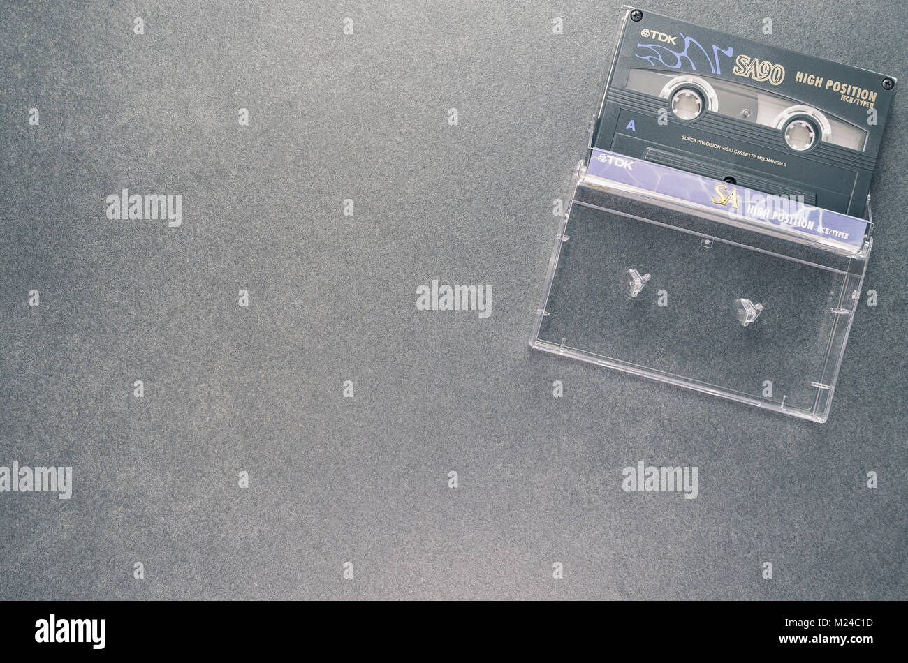 compact magnetic tape analog audio recording cassette - directly above ...