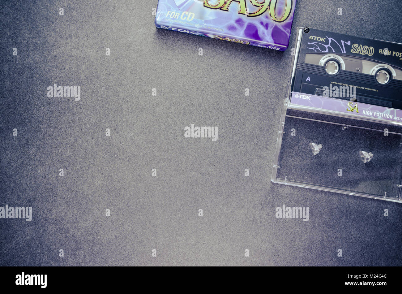 compact magnetic tape analog audio recording cassette - directly above ...