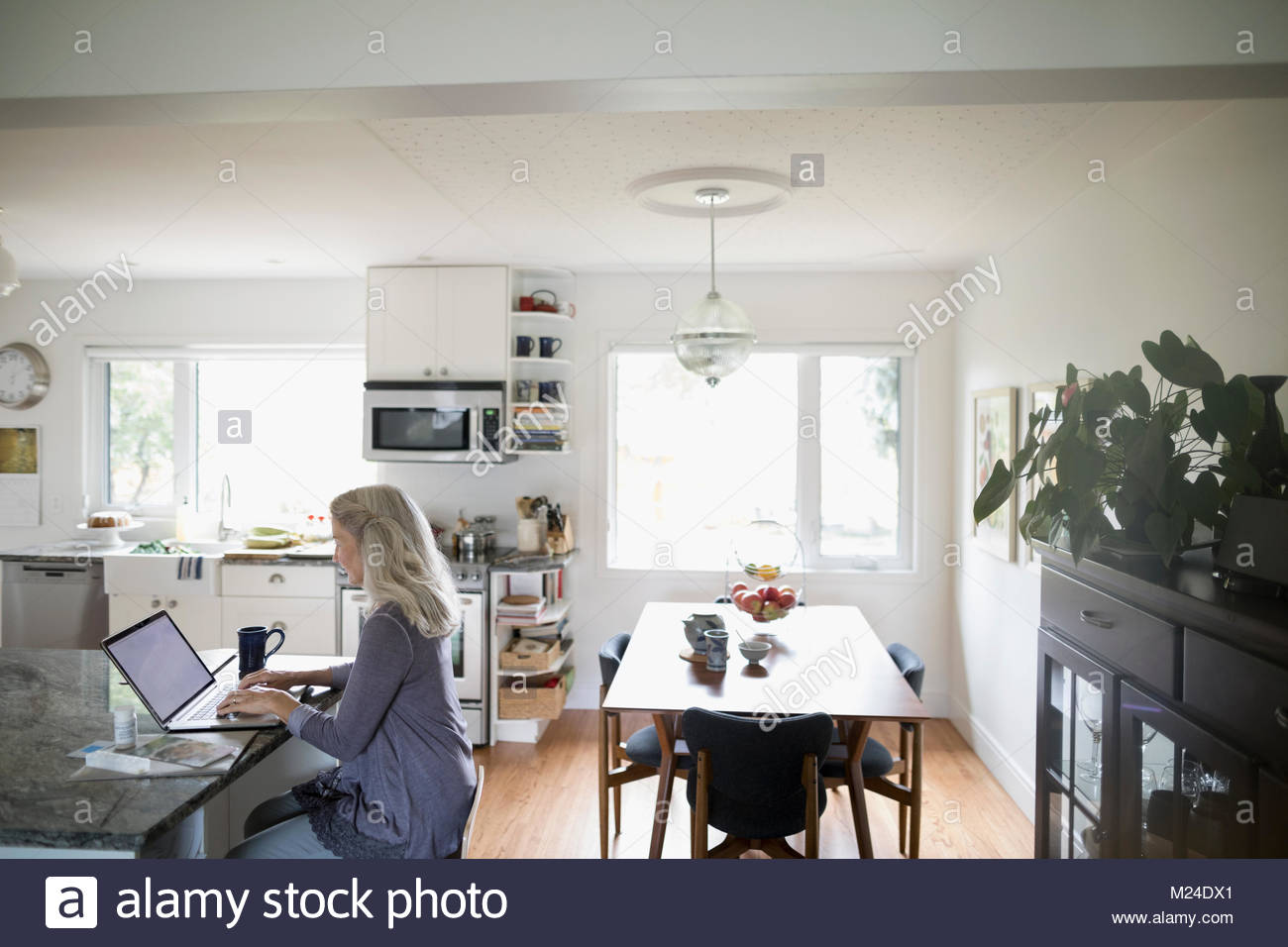 Senior woman typing at laptop at kitchen counter Stock Photo - Alamy