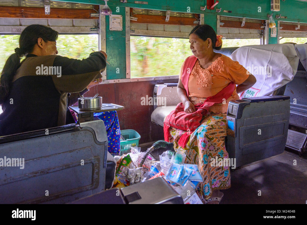 : train, upper class car, lady, paddy field, , Shan State, Myanmar ...